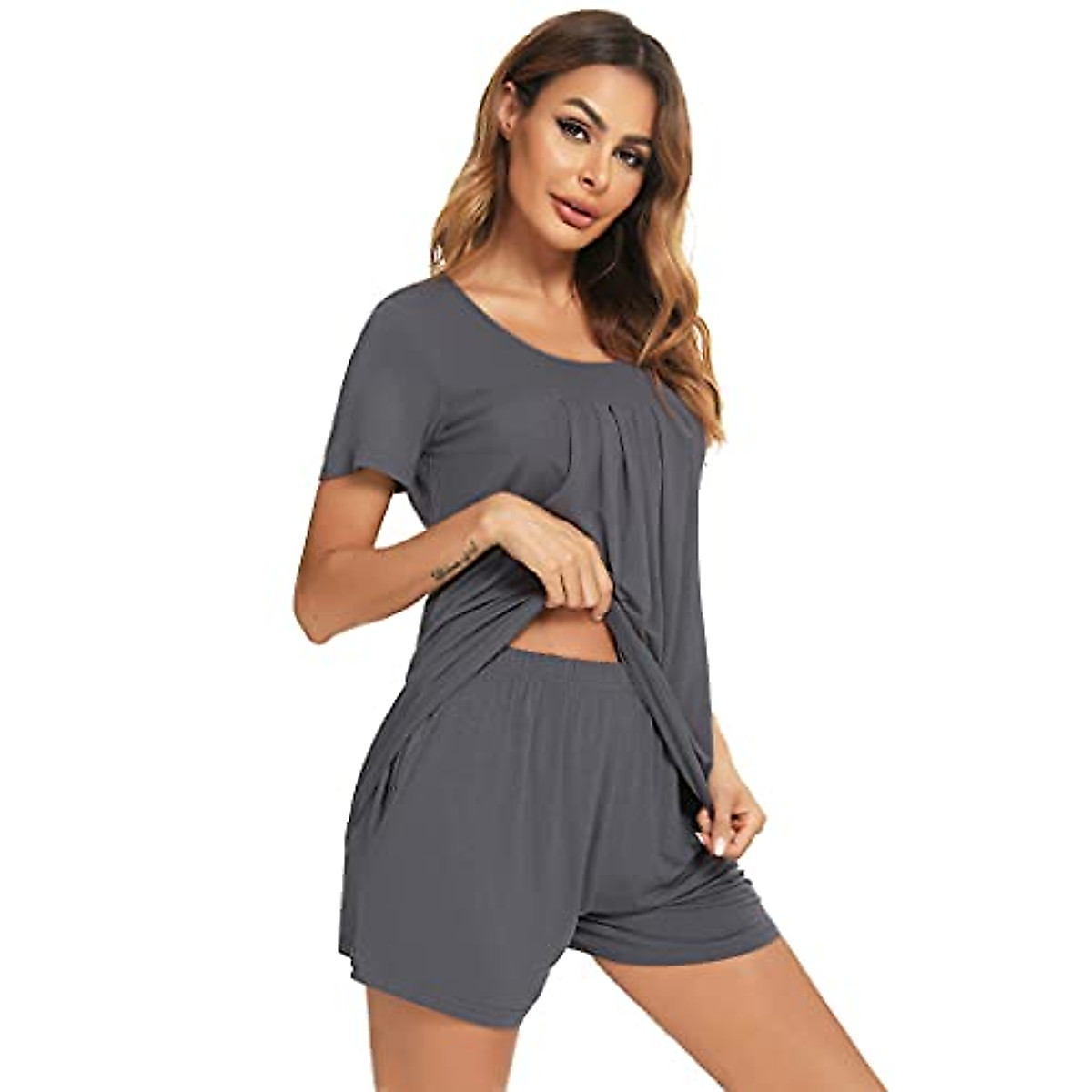 Roojaa Womens Pajama Set Pleated Loose Short Sleeve Pjs Soft Summer Casual Sleepwear Dark Grey