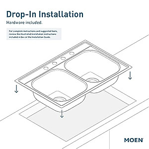 Moen GS202154BQ 2000 Series 33-inch 20 Gauge Drop-in Double Bowl Stainless Steel Kitchen Sink, 4 Hole, Featuring QuickMount