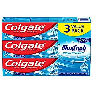 Colgate Max Fresh with Whitening Toothpaste with Mini Breath Strips, Cool Mint Toothpaste for Bad Breath, 6.3 Oz Tube. 3 Pack