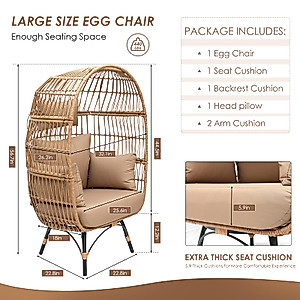 RADIATA Oversized Wicker Egg Chair w/ 5 Cushions 440lb Capacity Lounge Basket with Strong Heavy-Duty Steel Frame for Indoor Outdoor Patio Backyard Living Room (Beige)