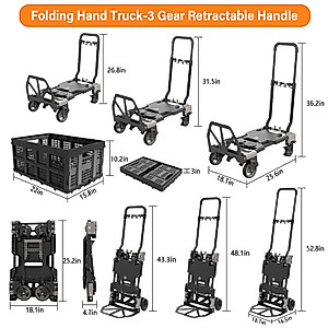 2-in-1 Folding Hand Truck with Folding Basket, 330LBS Capacity Heavy Duty Dolly with Retractable Handle, 4 Wheels and 2 Wheels Convertible Dolly Cart, Utility Luggage Cart with 2 Elastic Ropes