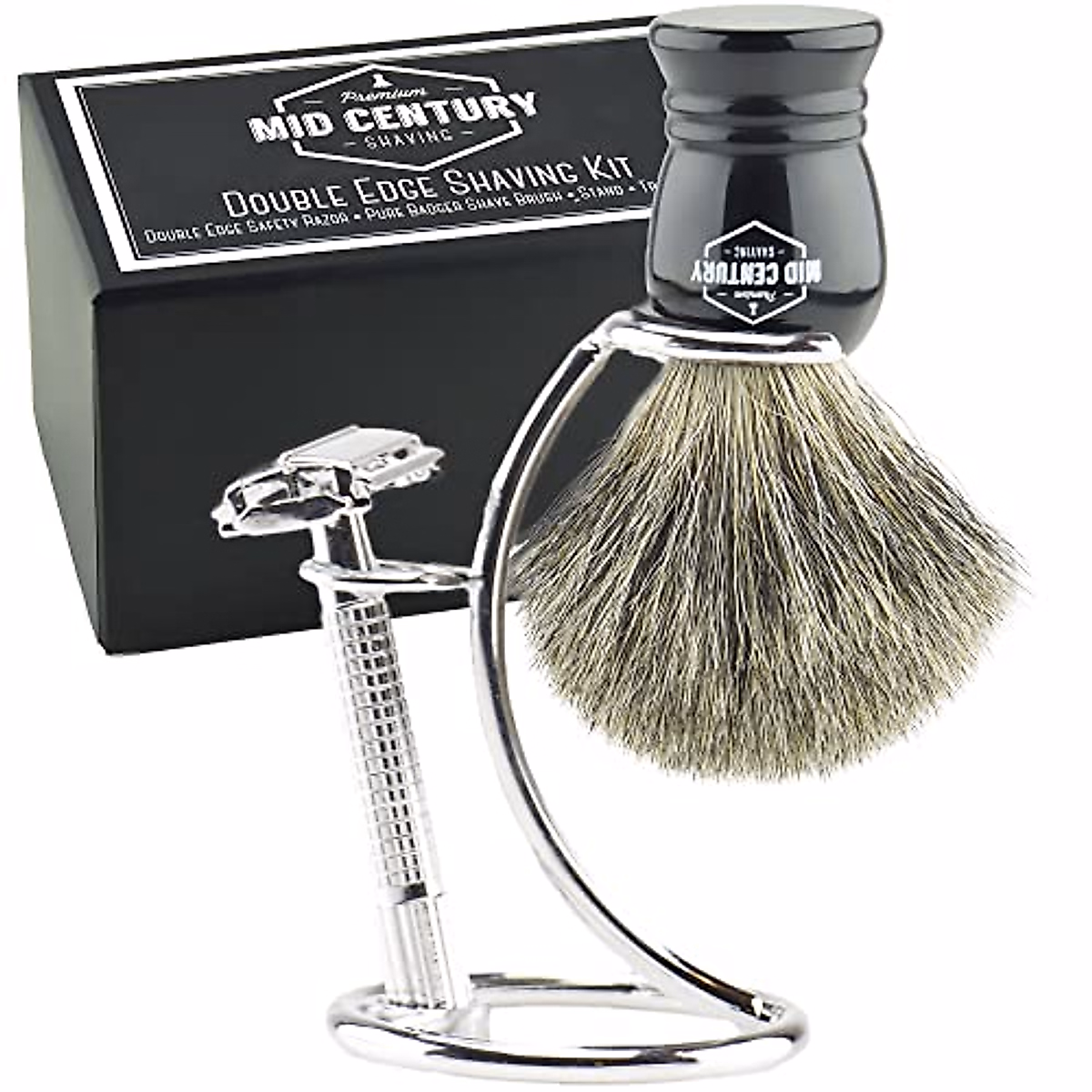 MCS Premium Safety Razor Shaving Kit: Complete Wet Shave Set w/Double Edge Razor, Pure Badger Brush, Heavy Chrome Stand, Travel Case, Extra Blades & Gift Box (Black)