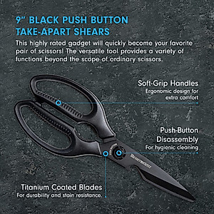 Messermeister 9-Inch Push Button Take-Apart Shears - High-Carbon Stainless Steel & Soft-Grip Handles - Includes Nut Cracker & Bottle Opener