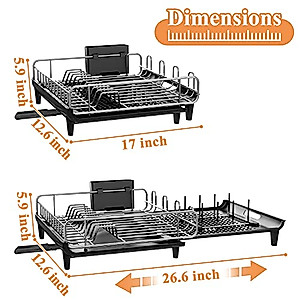 Dish Drying Rack, Kitchen Counter Dish Drainers Rack Expandable(16.9" to 26.8"), Auto-Drain Drainboard Stainless Steel Large Strainers Drying Rack with Pan Holder Utensil Holder Caddy Organizer, Black