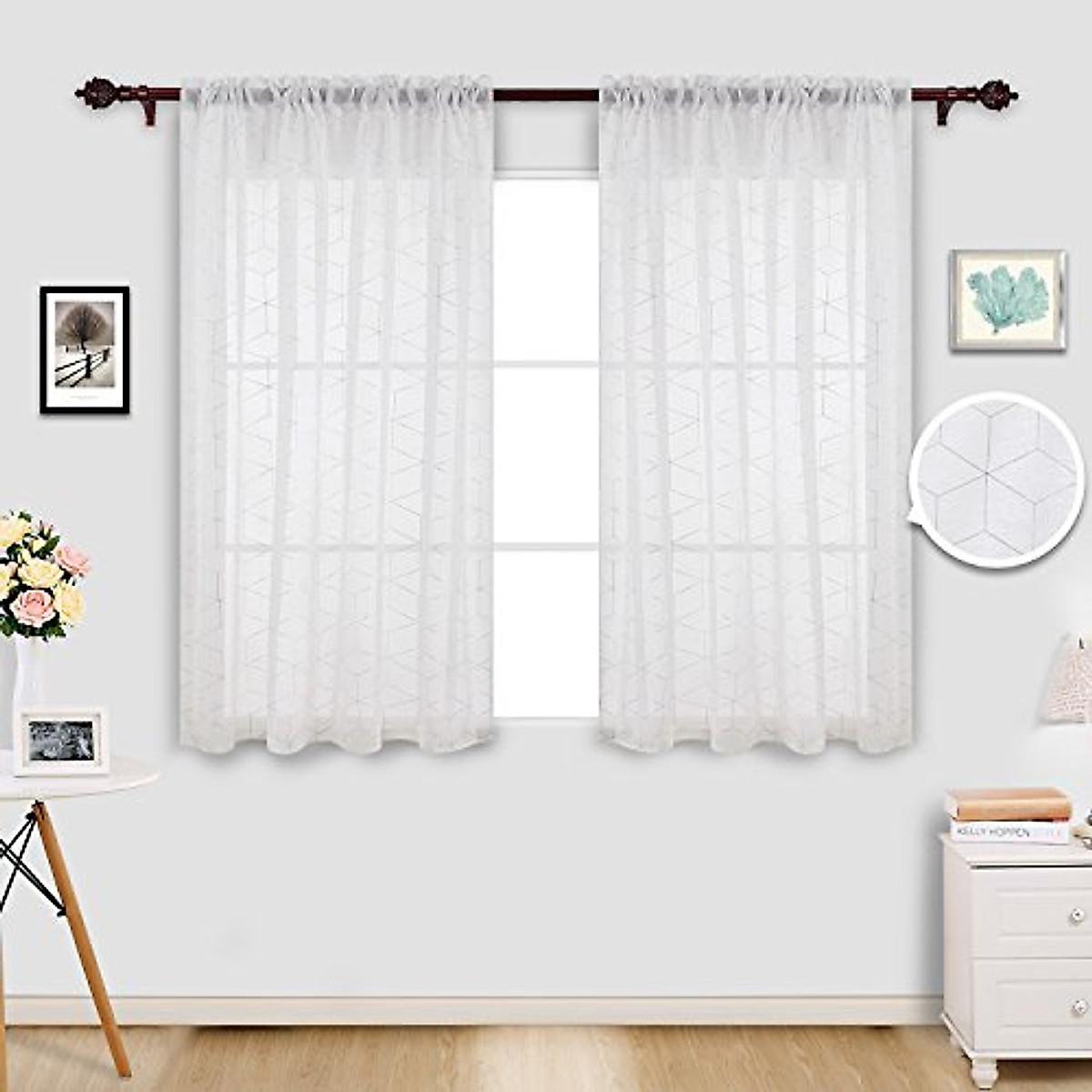 Deconovo Volie White Sheer Curtains Linen Look Diamond Window Panels Set of 2 for Bedroom, 52 x 63 Inch, Silver