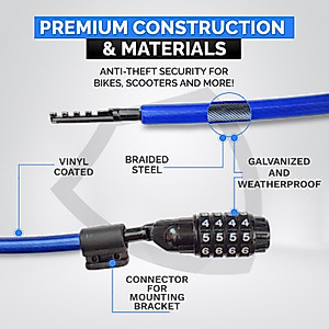 DocksLocks Anti-Theft Security Cable Lock, Blue, 2ft, Combination Lock, Weather Resistant, Portable