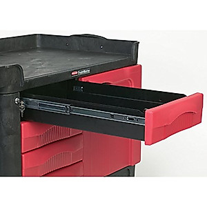 Rubbermaid Commercial Products Trademaster 4 Drawer Mobile Work Center with Cabinet, 49 inch L x 27 inch W x 28 inch H, Black/Red (FG453388BLA)
