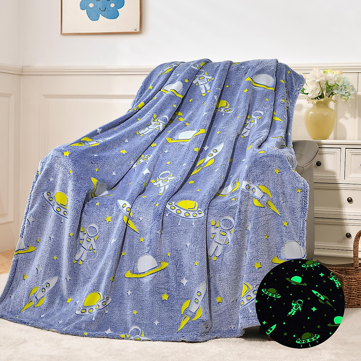 QSTEHEML Glow in The Dark Blanket,Galaxy Blanket Gift for Boys Age 3 4 5 6 7 8 9 10 11 12 Year Old, Space Throw Blanket for Kids Boys- Christmas Birthday Bedroom Decor 50"×60"