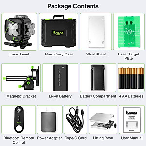 Huepar 3x360° Self-Leveling Laser Level with LCD Screen, 3D Bluetooth Connected Green Beam Cross Line Tiling Floor Laser Tool -360° Horizontal/Vertical Laser Line -Remote Control&Hard Carry Case S03DG