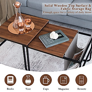 Giantex Nesting Coffee Table Set of 2, Stackable Side Table w/Side Pocket, Accent Nightstand, Industrial End Table w/Steel Frame for Living Room Bedroom Office, Easy Assembly, Rustic Brown
