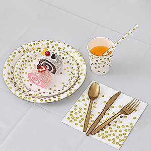 White and Gold Party Supplies Disposable Set 226 Pieces Serves 25 Guests Golden Dots Party Dinnerware, Paper Plates Napkins Cups, Gold Plastic Forks Knives Spoons Balloons for Wedding Birthday Party