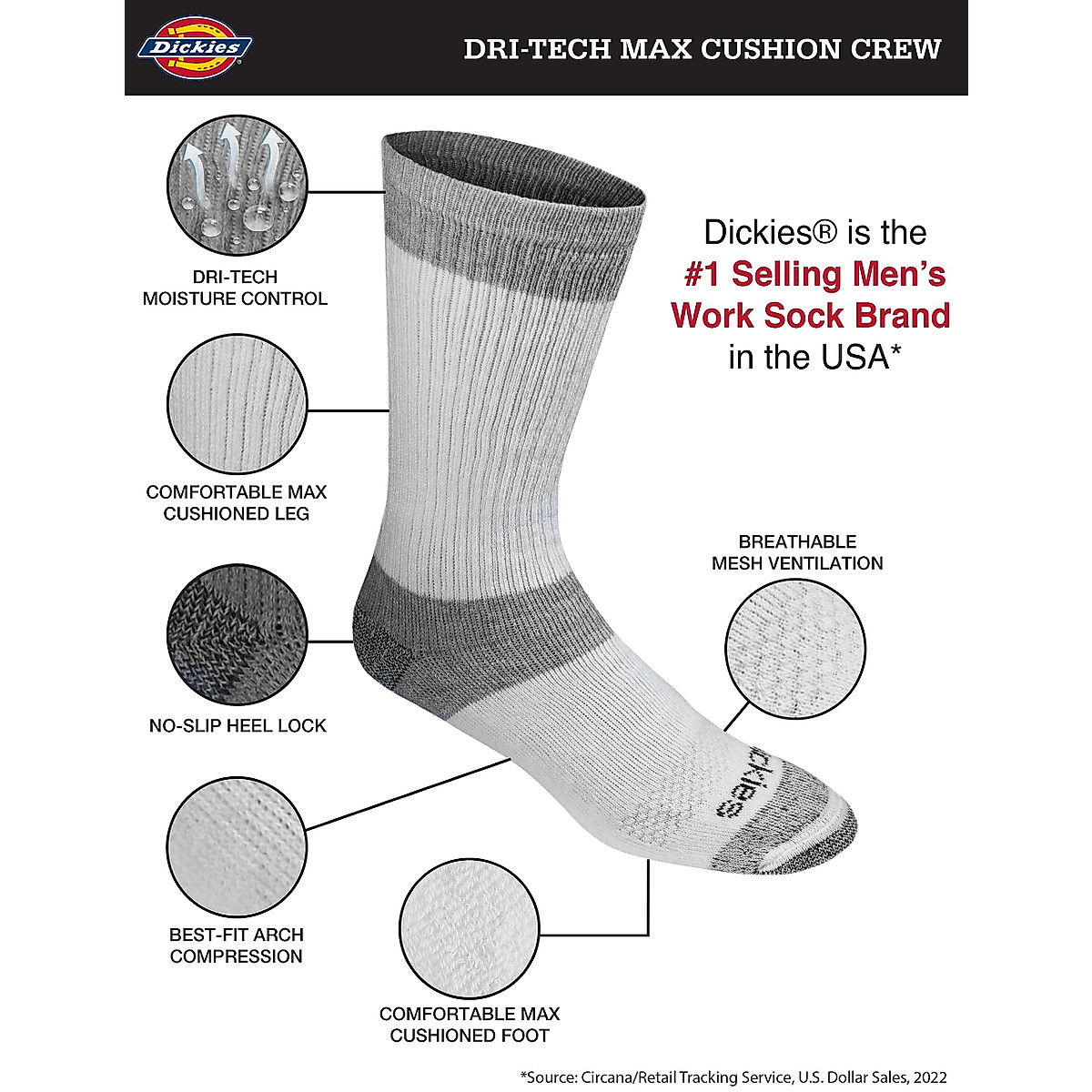 Dickies Men's Dri-Tech Moisture Control Max Full Cushion Crew Socks, Available in M-XL (6, White (12 Pairs), Large
