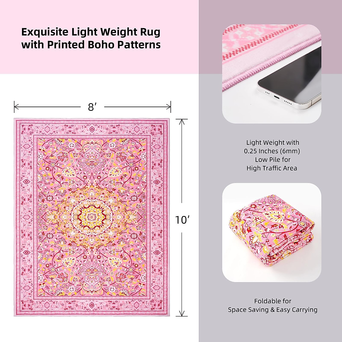 HOMETHIC 8x10 Area Rugs Machine Washable Boho Rug Oriental Floral Soft Indoor Carpet Low Pile Non Slip Large Rugs for Living Room Bedroom Office Dining Room Decor Aesthetic, Pink