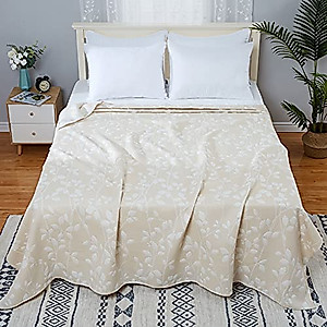CAROMIO Muslin Blankets for Adults Queen Size, Soft Breathable Yarn Dyed Jacquard Leaf Pattern Cotton Quilted Bed Throw Blanket Home Decoration for All Season, Beige, 90 x 90 Inches