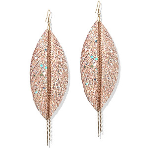 JIUIQL Unique Handmade Fashion Large Leopard Soft Leather Fringe Feather Dangle Drop Color Earrings Lightweight Faux Leather Sparkly Shine Glitter Leaf Earring for Women Statement Jewelry Gifts (Pink)