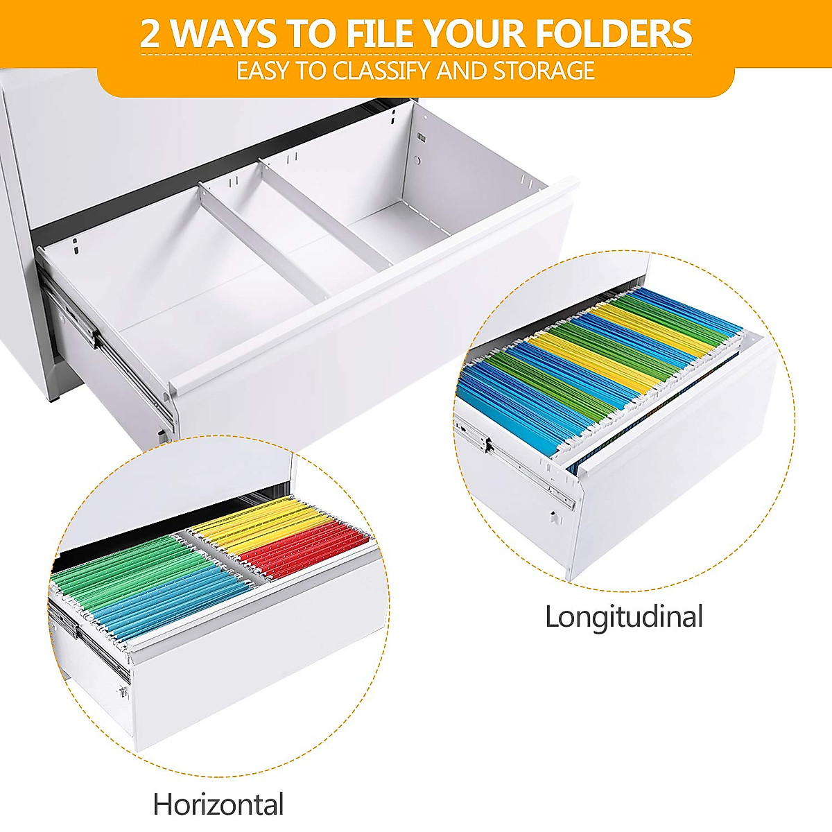 ModernLuxe File Cabinet, White Lockable Heavy Duty Metal Lateral File Cabinet with 2 Drawers