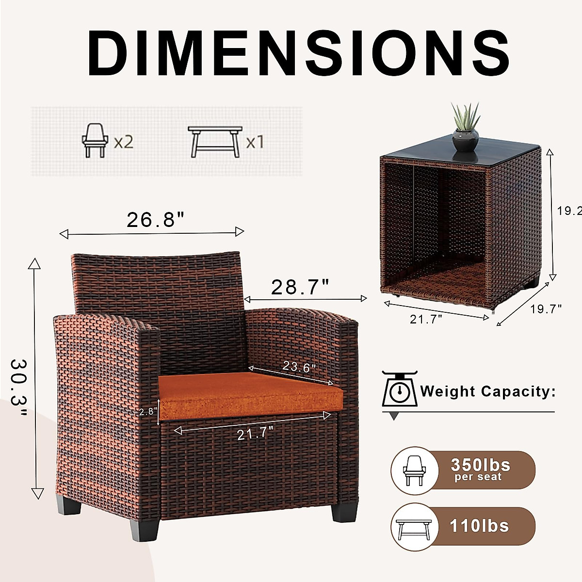 XZHQHB Patio Furniture Set of 3 Wicker Sofa Set with Soft Cushion Bistro Conversation Set Porch Outdoor PE Rattan Garden Chairs Sets with Tempered Glass Top Coffee Table, Brown and Orange