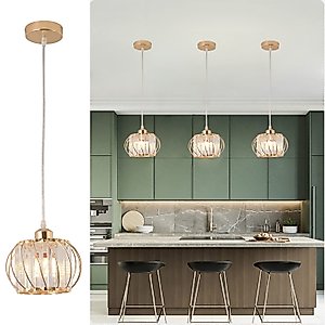 SZHDDLAM•Gold Pendant Light Fixtures,Kitchen Pendant Lighting Over Island,Modern Farmhouse Pendant Lights,Small Crystal Ceiling Light Fixture for Entryway Hallway