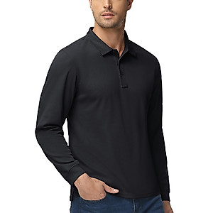 Men's Classic Fit Quick Dry Long Sleeve Polo Shirt in Black - Ideal for Hiking, Casual, & Work