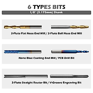 Genmitsu 50pcs Tungsten Carbide End Mill Router Bits, 1/8'' Shank CNC Bit Set Including 2-Flute Straight Bit, Flat Nose & Ball Nose End Mill, PCB Drill & V-Groove Engraving Bits, Nano Blue Coat, MC50A