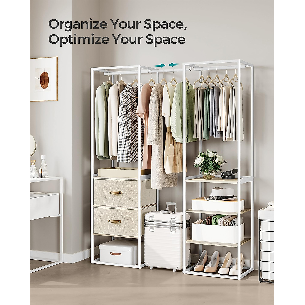 SONGMICS Clothes Rack, 70.9 Inch Wardrobe Freestanding Closet, Heavy Duty Garment Rack with 1 Extendable Hanging Rod, 2 Drawers and 4 Shelves, for Bedroom, Space-Saving, Natural Beige URGR003W67