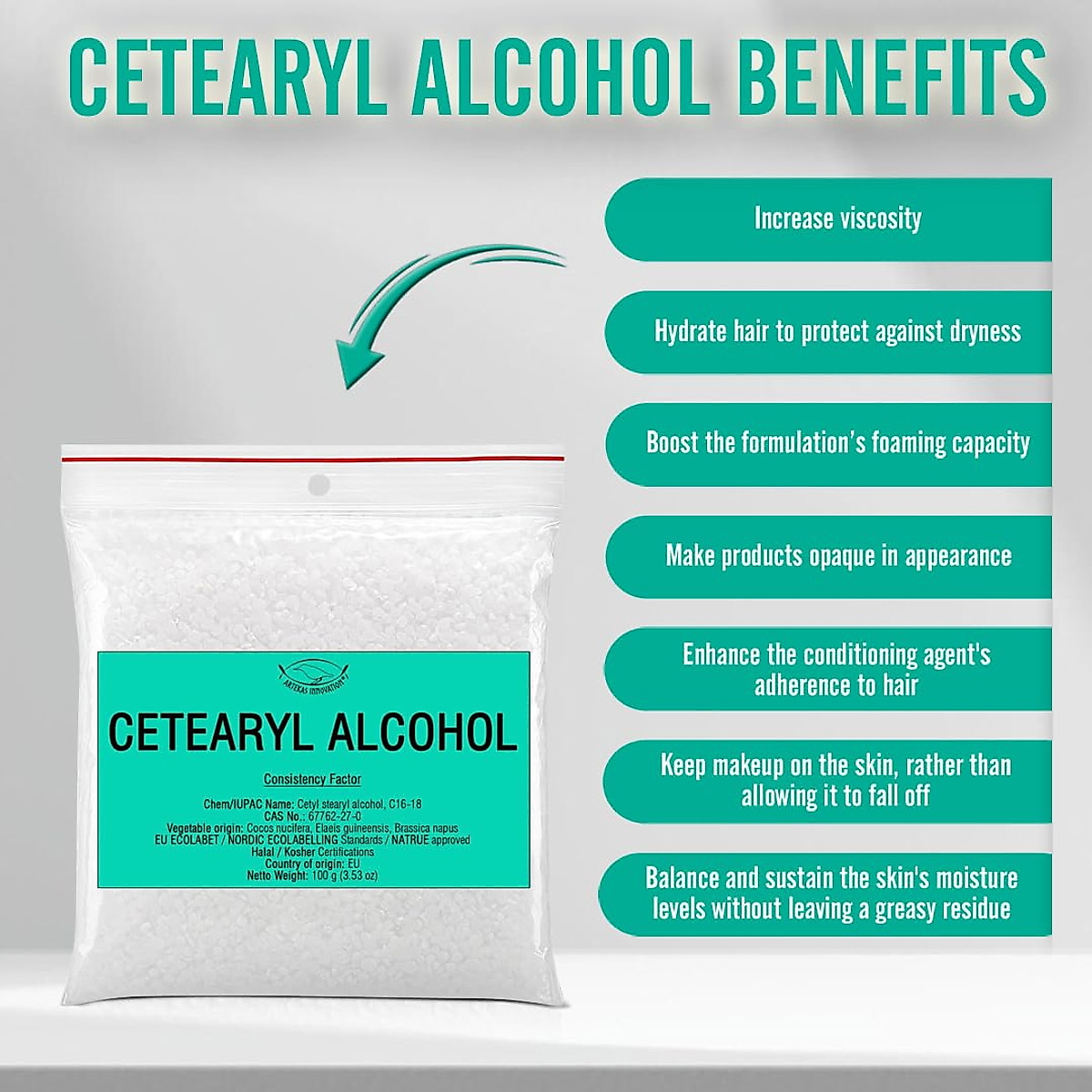 Artekas Innovation - Cetearyl Alcohol - for Homemade Cosmetics, Lipsticks, Body Butter Bars, Hand Lotions, Hair Conditioners, Shampoo – Thickening Agent, Emulsifier, Viscosity Regulator - 7.06 oz