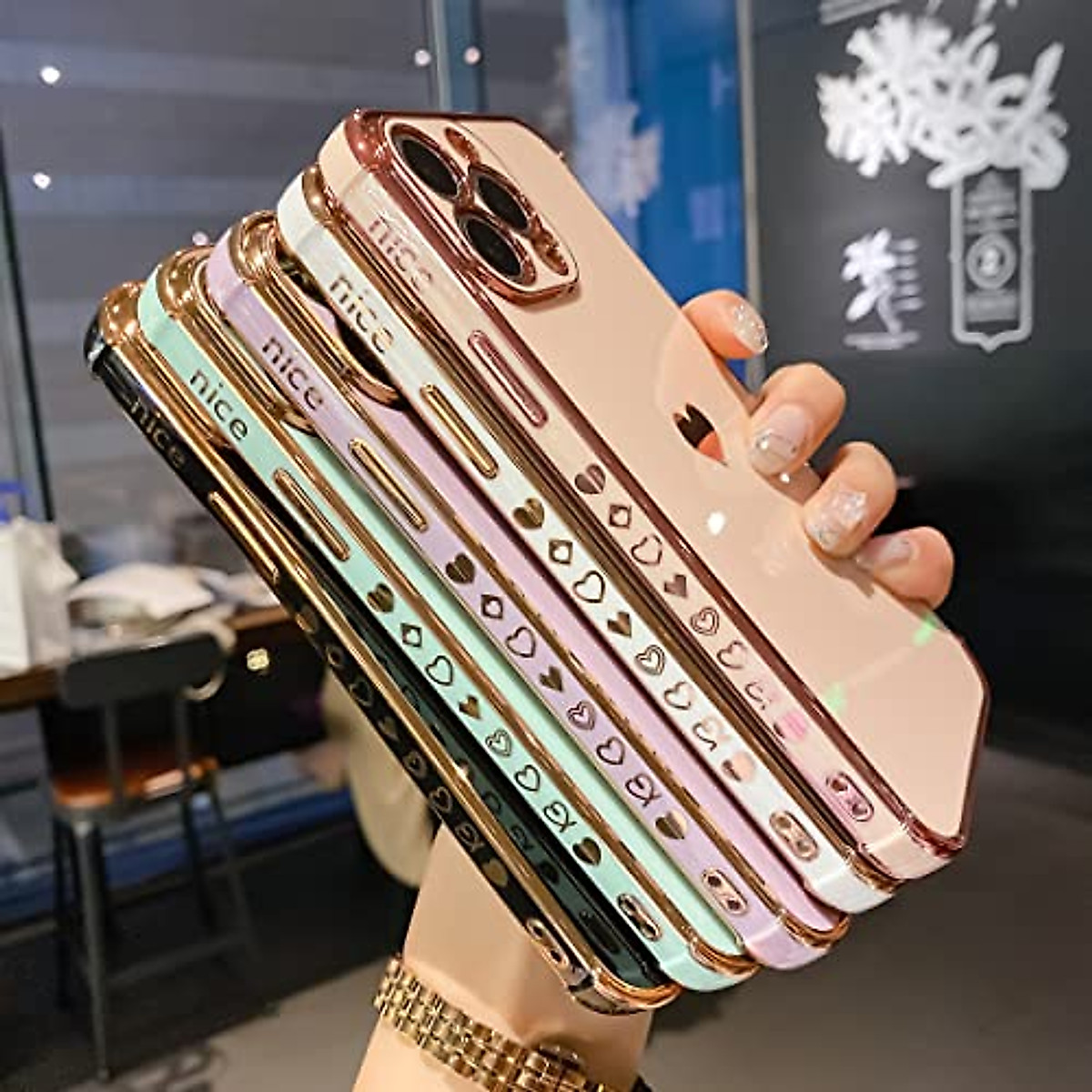 niufoey Compatible with iPhone 13 Pro Max Case with Camera Protection,Luxury Plating Love Heart Phone Case Women Men Girl,Soft TPU Bumper with Small Love Pattern Shockproof Cover 6.7 inch-Black