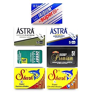 Astra-Derby-Wizamet- Shark 40 Quality Double Edge Razor Blades Sampler (7 different brands)