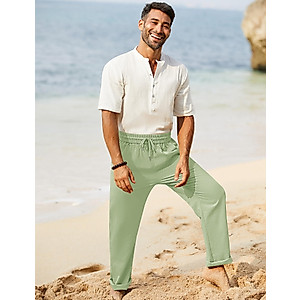 iWoo Mens Lounge Pants Lightweight Baggy Linen Pants Elastic Waistband 2XL Green