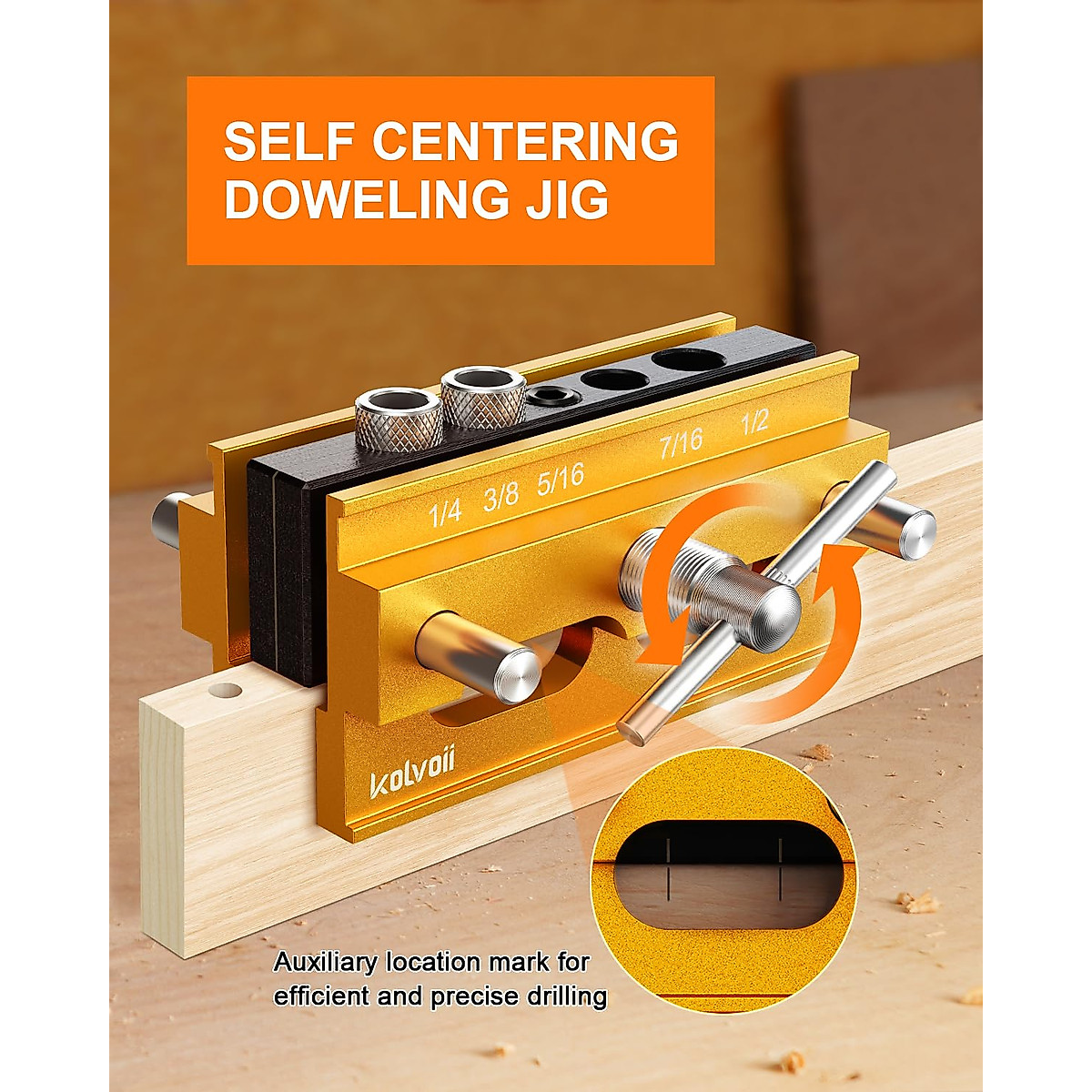 Kolvoii Self Centering Doweling Jig, Dowel Jig Kit Width Adjustable for Straight Holes Biscuit Joiner Tools with 3 High Speed Steel Drill Bits, 6 Drill Guide Bushings(Gold)
