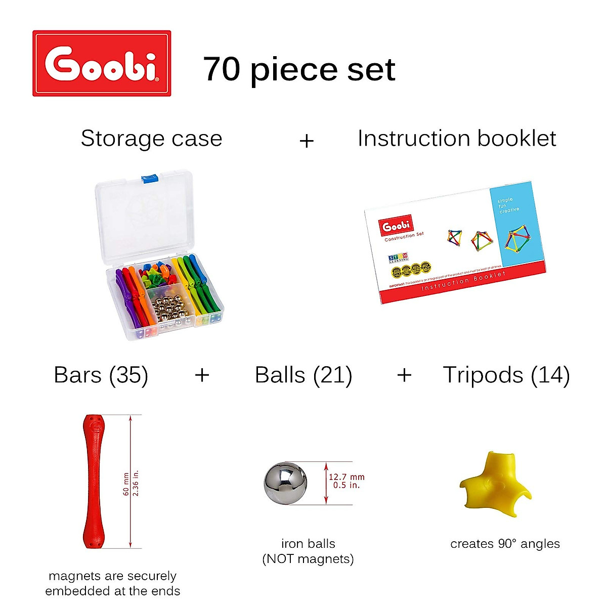 Goobi 70 Pcs Magnetic Building Sticks Blocks Toys Magnet Construction Set Tiles Toy Montessori STEM Educational Toys for Ages 3 4 5 6 7 8 Kids Boys Girls Adults with Storage Box and Instruction Guide