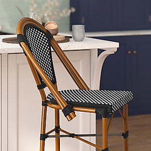 BizChair Set of 2 Stackable Indoor/Outdoor Bistro 30" High Barstools, Commercial Grade, Black/White and Bamboo Finish