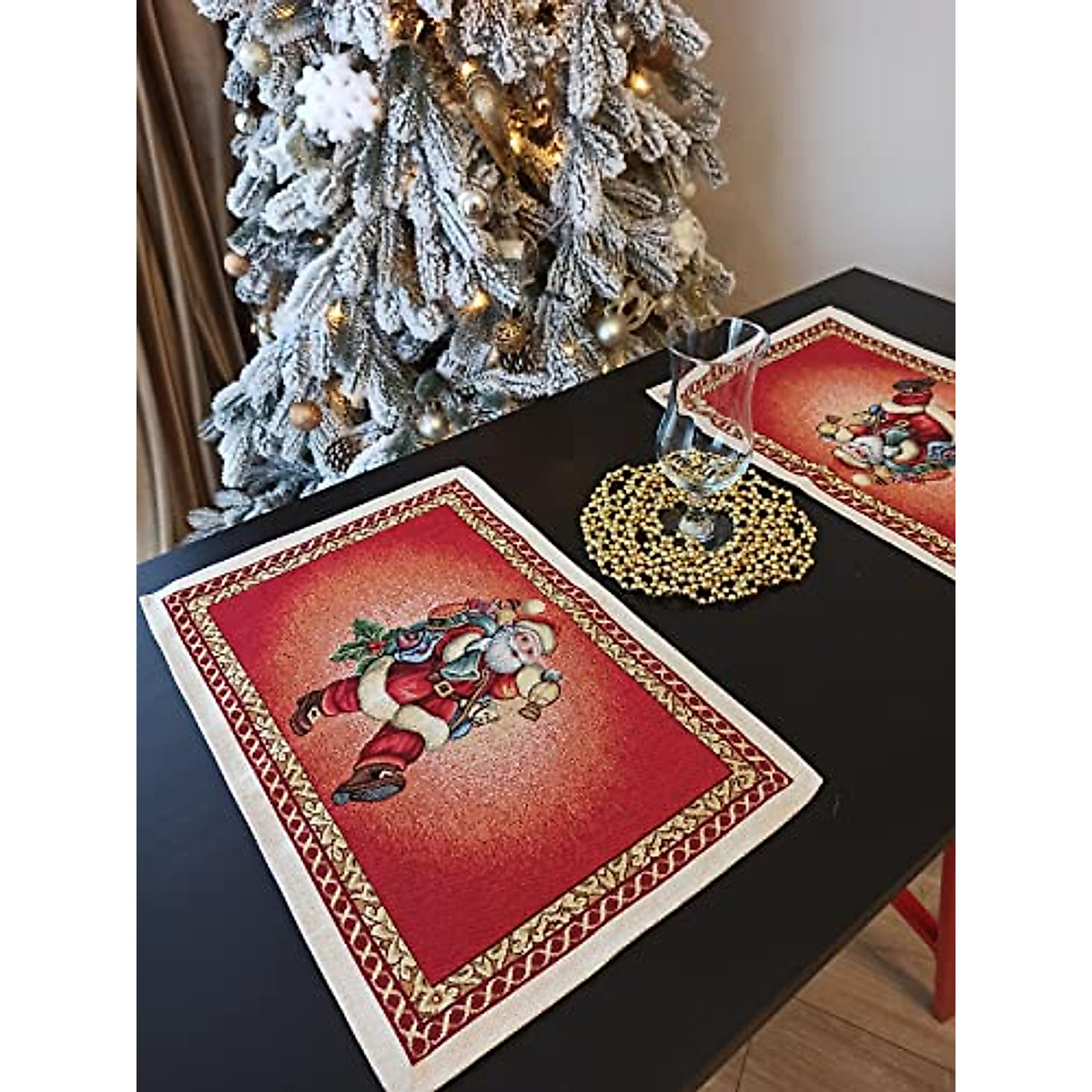 Christmas Placemats with Santa Set of 2 Red Fabric Holiday Glitter with gold Lurex (set of 2) Size:13in X 19in (34cm X 49cm)