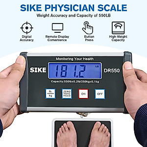 SIKE Physician Scale, Medical Floor Scale for Body Weight, 550 lb Limit Professional Weight Scale, Portable Easy to Read Digital Display, Heavy Duty, Pound & KG Settings, 12.5" x 12" Platform