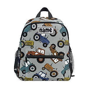 Glaphy Custom Kid's Name Backpack Tractors Car Green Toddler Backpack for Daycare Travel Personalized Name Preschool Bookbag for Boys Girls