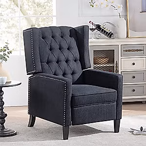 Pushback Recliner Chair,Comfy Wingback Recliner Sofa Chair with Adjustable Backrest,Tufted Fabric Accent Armchair with Vintage Rivets Trim for Living Room Office Home Theater (Black-New)