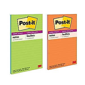 Post-it Notes Super Sticky Pads in Energy Boost Collection Colors, Note Ruled, 5" x 8", 45 Sheets/Pad, 4 Pads/Pack