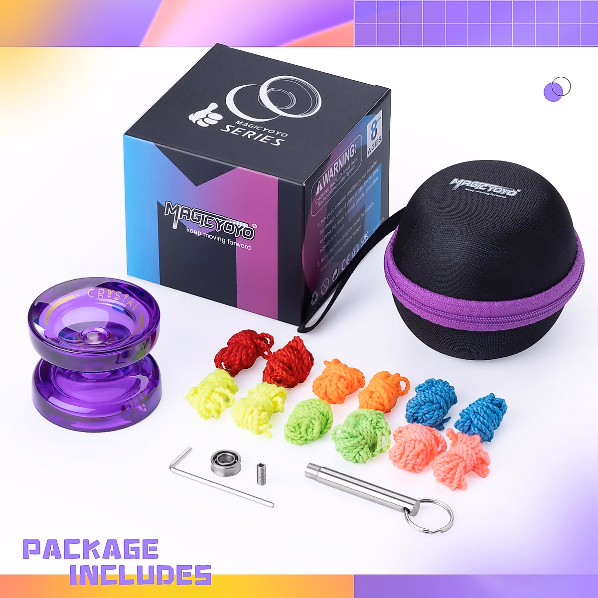 Responsive Yoyo for Kids K2 Crystal Purple , Dual Purpose Plastic Yo-Yo for Beginners, Replacement Unresponsive Ball Bearing for Advanced Yo yo Players + Removal Bearing Tool + 12 Yoyo Strings + Bag