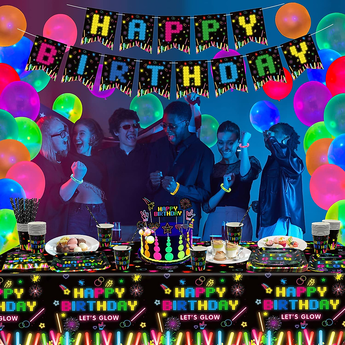 233 PCS Glow Neon Party Supplies Neon Glow Tableware Set Neon Balloons Glow in The Dark Birthday Banner Cake Toppers for Blacklight Party Decoration Serves 20 (Glow Set B)