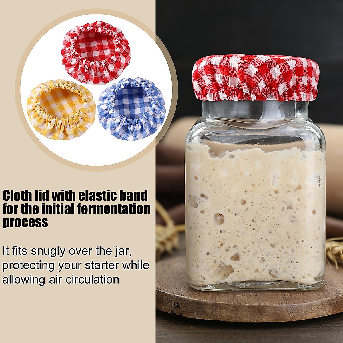 6pcs Jar Cloth Covers, Plaid Cloth Jar Covers Elastic Unbleached Cloth lid Reusable Sourdough Starter Bowl Cover Dough Basket Cover Preserving Lids for 3-4 Inch Jar Mouth Baking Supplies
