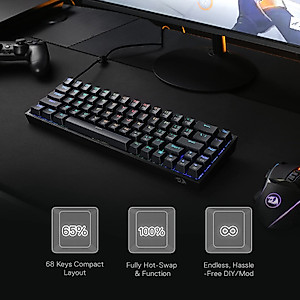 Redragon K631 Castor 65% Wired RGB Gaming Keyboard, 68 Keys Hot-Swappable Compact Mechanical Keyboard w/100% Hot-Swap Socket, Free-Mod Plate Mounted PCB & Dedicated Arrow Keys, Quiet Red Linear Switch