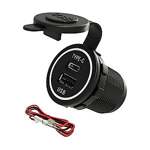 DAMAVO YM1218 USB Type C 28W Fast charger Waterproof with Cap Type C USB Car Charger Socket 9V-36V for Car, Boat, Golf Cart, Bus, RV, Golf, Automotive Marine ATV Truck