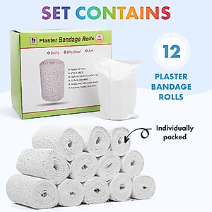 12pc Plaster of Paris Rolls - Fast Setting Gauze for Mache, Belly Casting, & Sculptures | Art and Craft Bandages, Wraps, Masks
