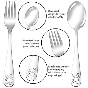 6 Pieces Stainless Steel Kids Flatware, Mirror Polished Child Toddler Silverware Little Bear Spoon and Fork Set, 3 x Safe Forks,3 x Children Tablespoons for Lunch Box