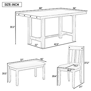 6 Piece Dining Table Set, Rectangle Dining Table with 4 Upholstered Chairs & a Bench, Kitchen Table Chairs Set for 6 Persons, Wood Dining Room Set (Gray)