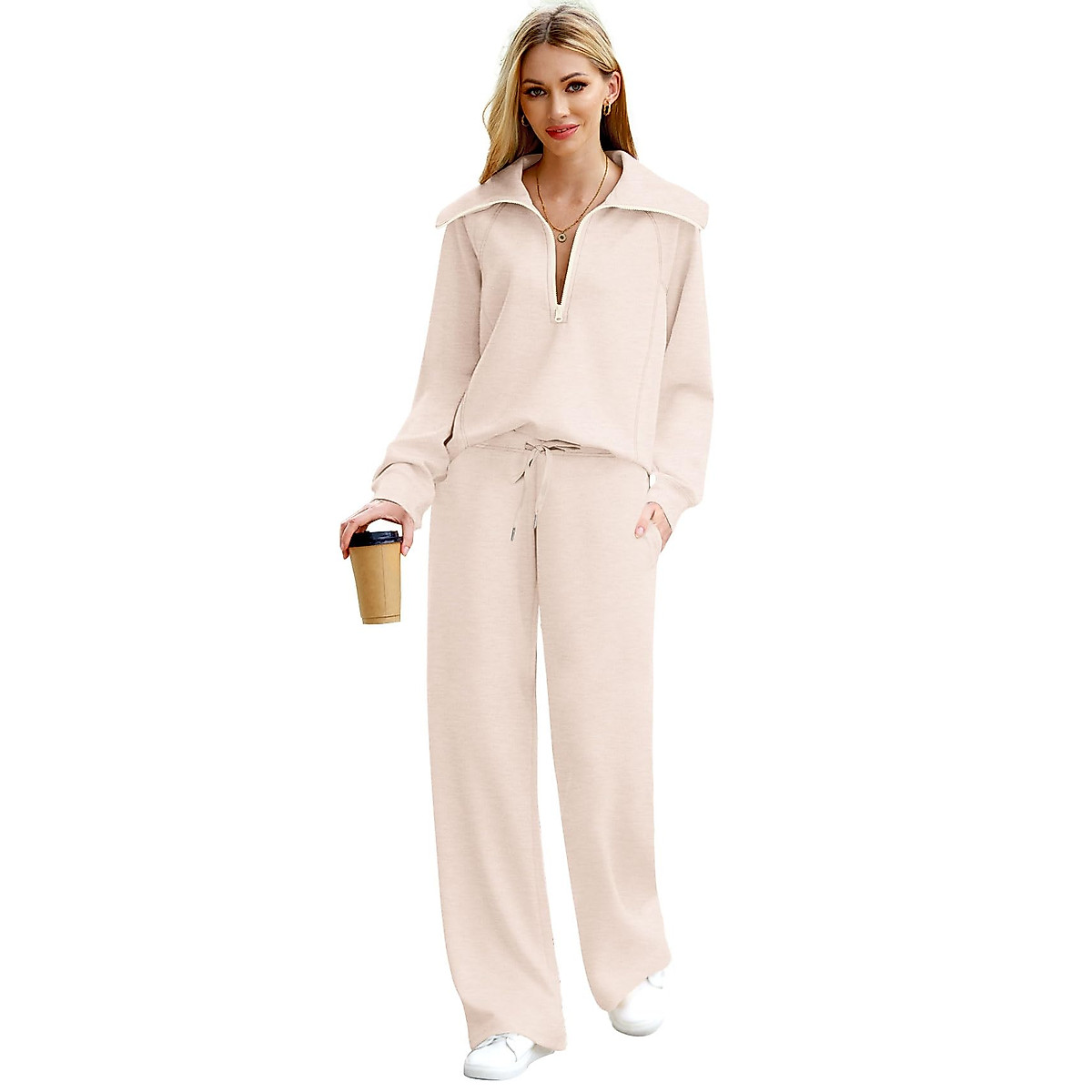 XIEERDUO Lounge Set For Women 2024 Winter Zip Up Sweatshirt And Wide Leg Sweatpant Apricot M
