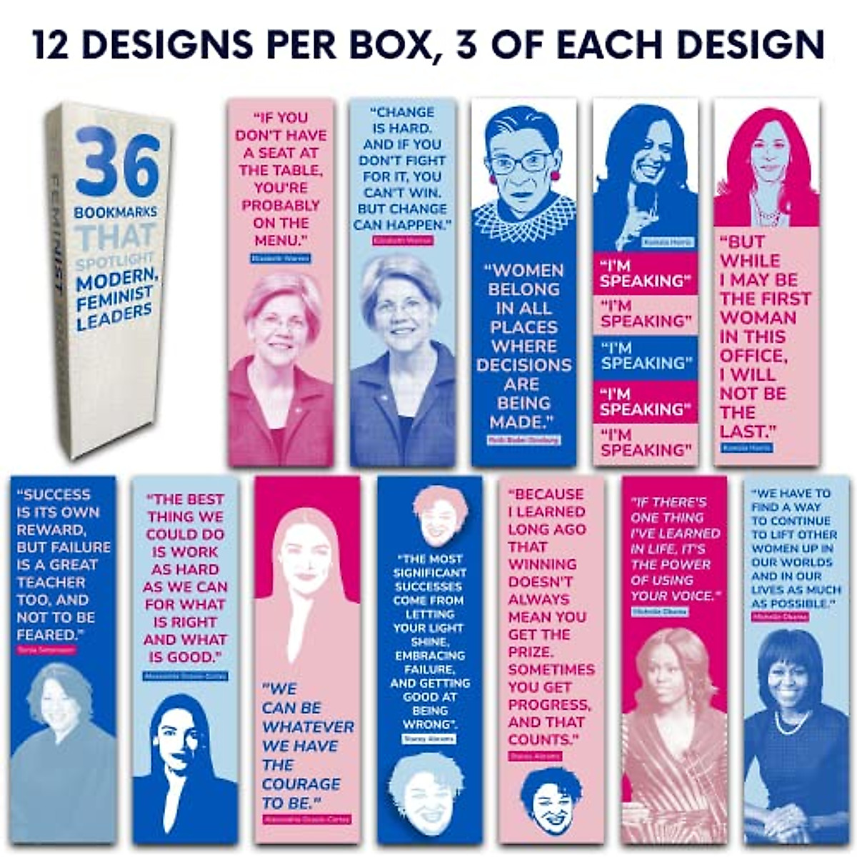 36-Pack of Feminist Leaders Paper Bookmarks. Perfect for Women, Girls and Feminists. These Cool, Cute, & Fun Book Marks Have Inspirational, Motivational Quotes by Ruth Bader Ginsburg, VP Harris, etc.