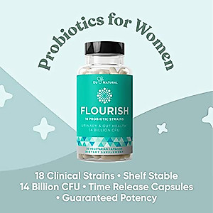 Flourish Probiotics + Prebiotics for Women – Gut & Digestion, Urinary Tract, Reduce Bloating, Vaginal Health – 18 Clinically Proven Strains, 14 Billion CFU – 30 Shelf-Stable Mini Vegetarian Capsules