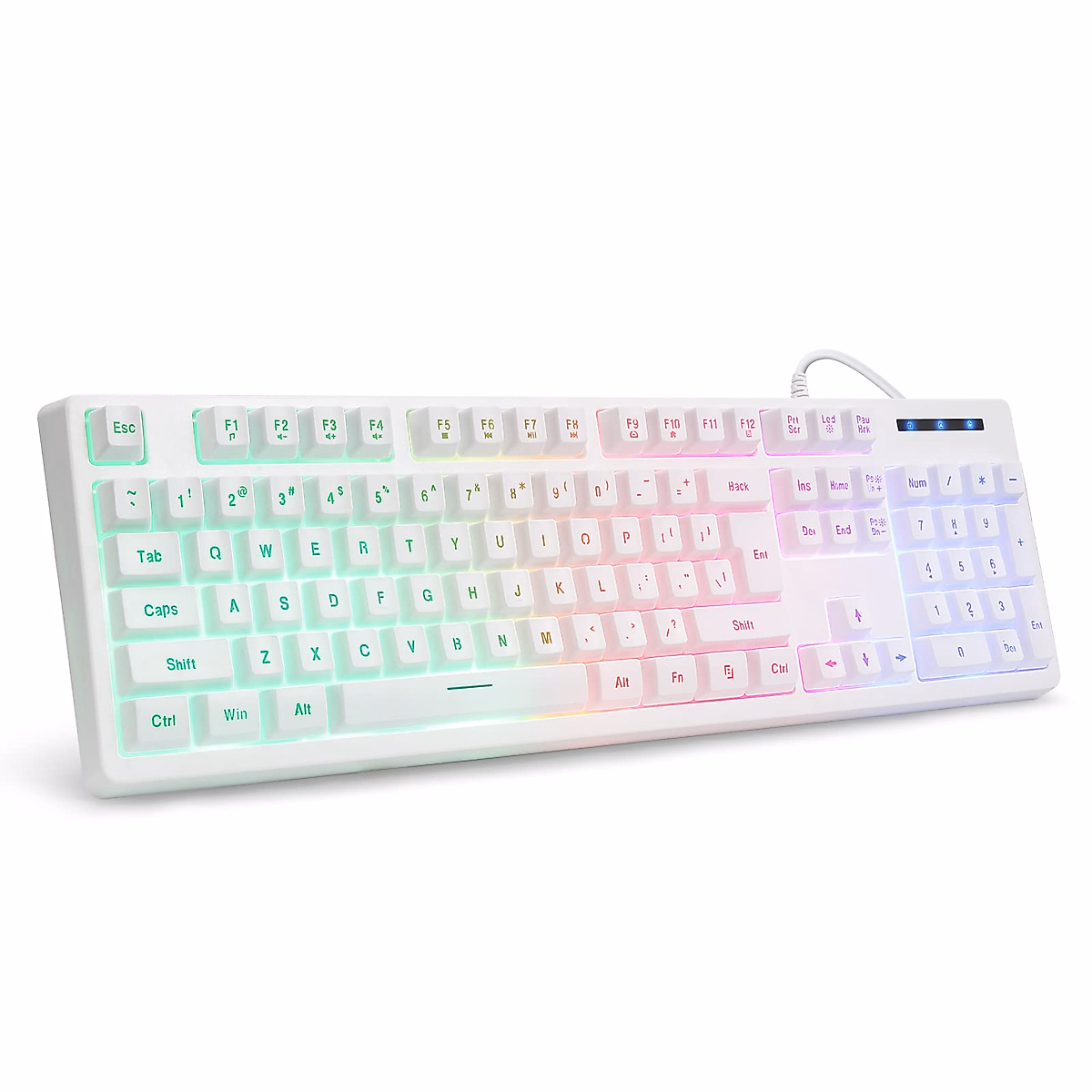 HUO JI White Gaming Keyboard USB Wired with Rainbow LED Backlit, Floating Keys, Mechanical Feeling, Spill resistant, Ergonomic for Xbox, PS Series, Desktop, Computer, PC