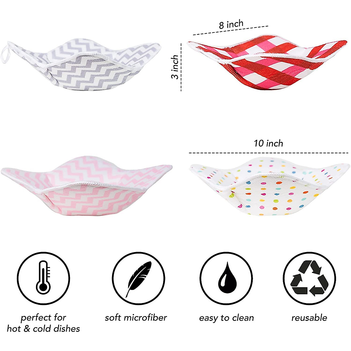 Microwave Bowl Huggers Set of 4 Hot Bowl Holders Heat Insulated Microfiber & Sponge Heat Resistant Bowl Cozies for Hot & Cold Food Bowl Holder for Soup, Pasta, Noodles & Rice Bowl